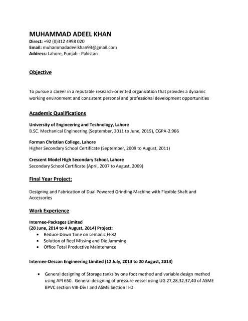 Muhammad Adeel Khan Cv Pdf
