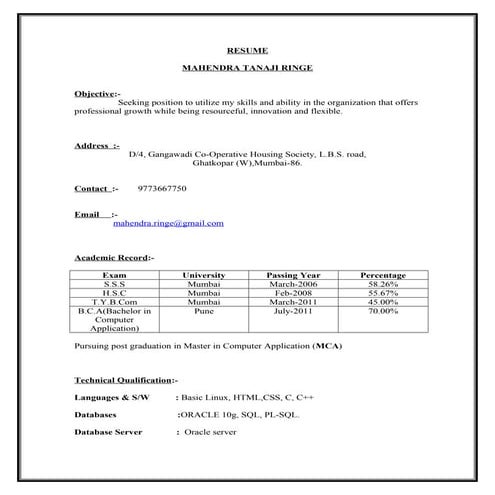 Resume_Oracle | DOC | Databases | Computer Software and Applications
