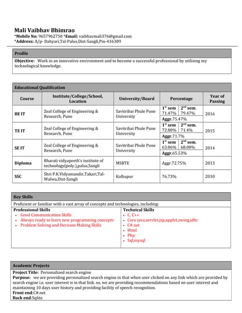 M.Tech freshers resume | PDF