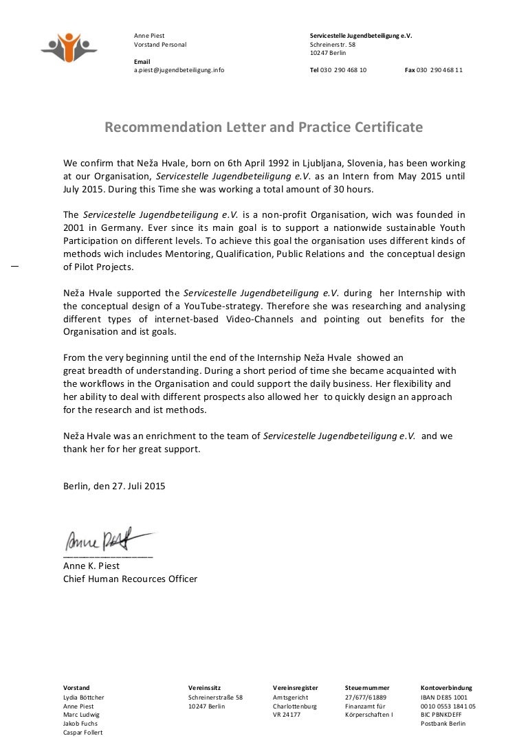 Neža Hvale, SJB, Practice confirmation&recommendation letter, 2015