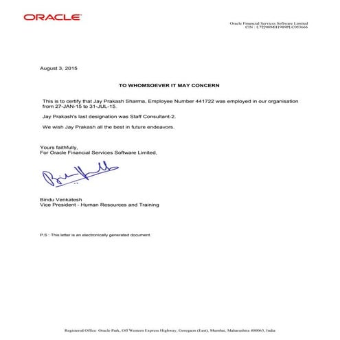 Oracle Experience Letter | PDF
