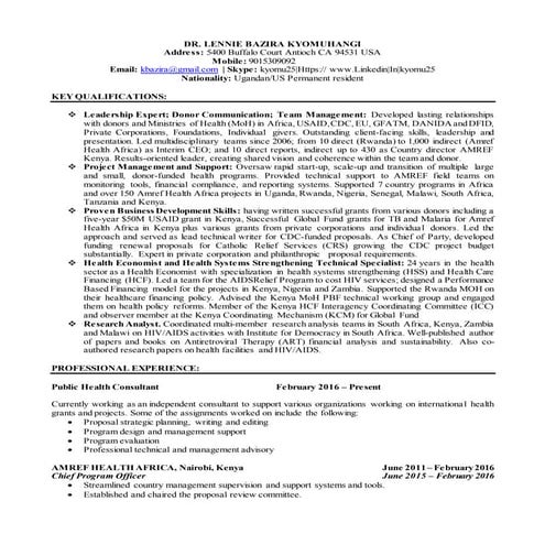 Lennie Bazira Kyomuhangi - CV Long Version- 2016-Current | DOCX