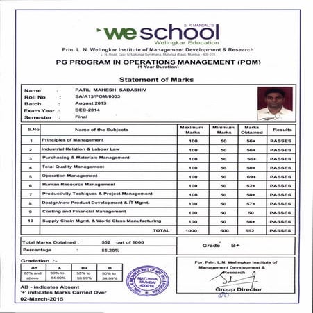 Welingkar - marksheet | PDF