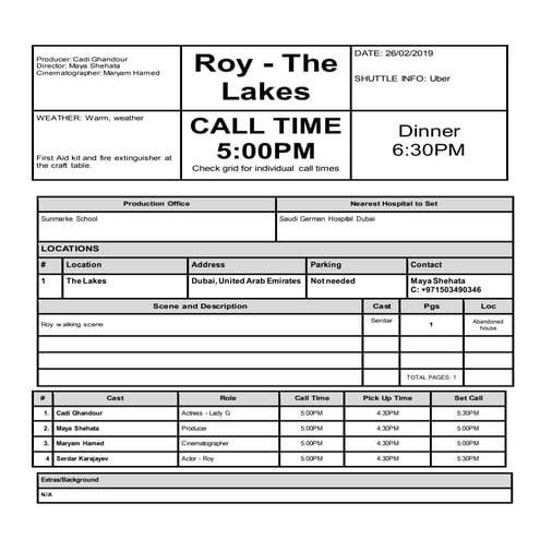 Call Sheet 1 | PDF