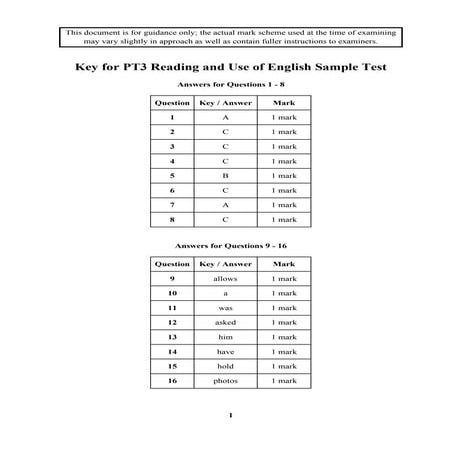 Pt3 reading sample test key | PDF