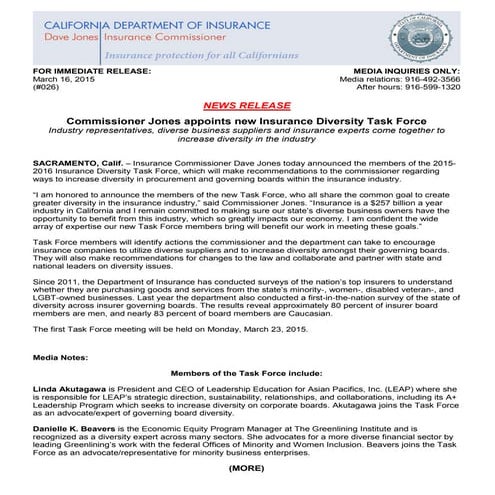 Press Release - Announcement of 2015-16 Insurance Diversity Task Force ...