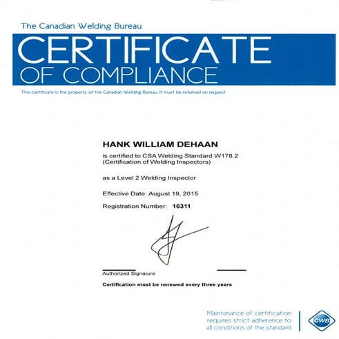 Hank DeHaan CWB Level 2 Certificate | PDF