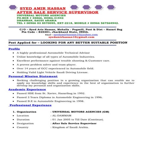 RESUME OF SYED AMIR HASSAN | PDF
