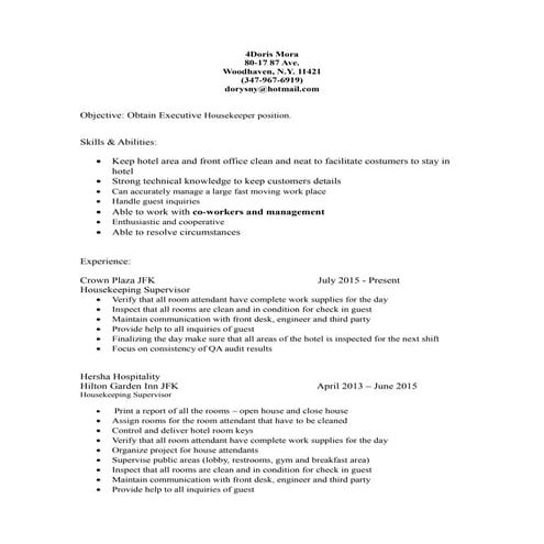Doris resume HK Supervisor 2015 | DOC | Hotels and Motels | Travel Type