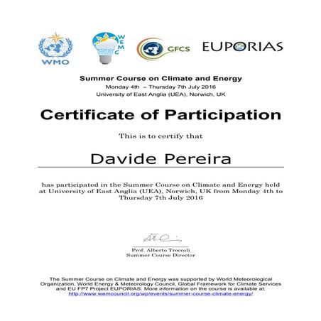 Climate_Energy_Summer_School_Certificate_Pereira_July2016 | PDF