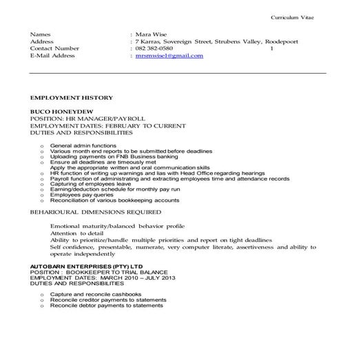 Mara CV | DOCX | Business Accounting & Finance | Business