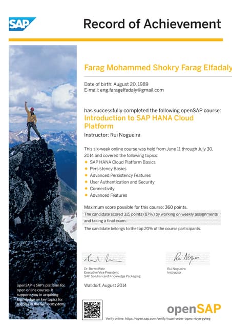Next Steps in Software Development on SAP HANA-RecordOfAchievement | PDF | Technology & Computing