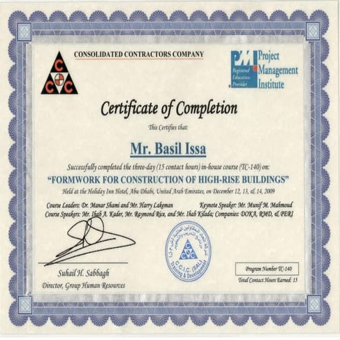 Certificate of Completion - Formwork For Construction of High Rise ...