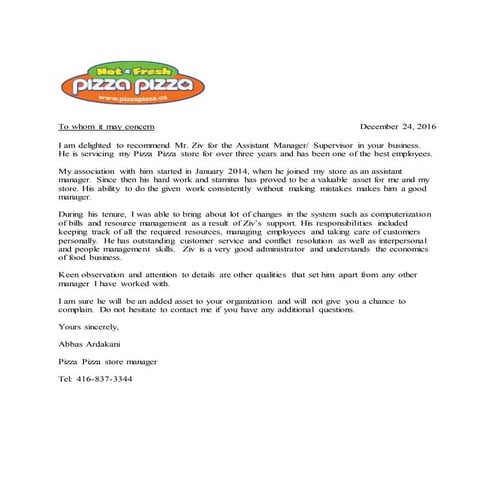 Pizza Pizza reference letter | DOCX