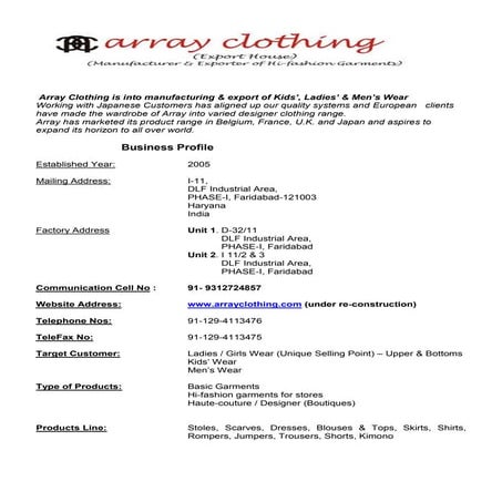 Array Clothing Company Profile | PDF | Women\'s Clothing | Women\'s Fashion
