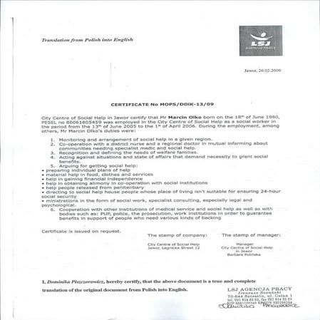 M.Olko.Social work certificate | PDF