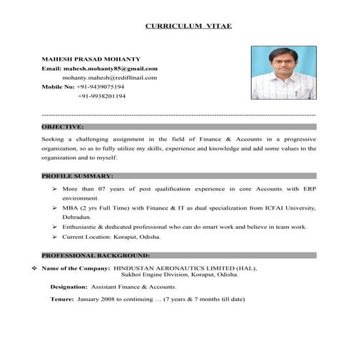 RESUME OF MAHESH PR MOHANTY 31.07.2015 | Business Accounting & Finance ...