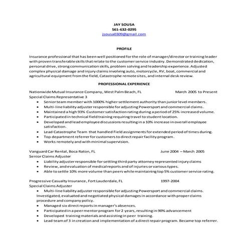 JAY SOUSA21resume | DOCX | Insurance | Personal Finance