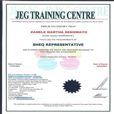 SHEQ, H&H Certificate | PDF