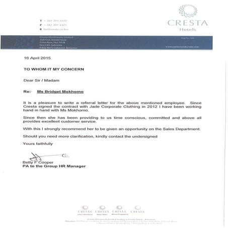 REFERENCE LETTER - CRESTA HOTEL 20150416114224200 | PDF