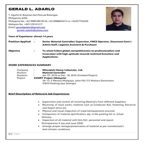 Gerald L. Adarlo CV | DOCX | Civil Engineering Industry | Industries