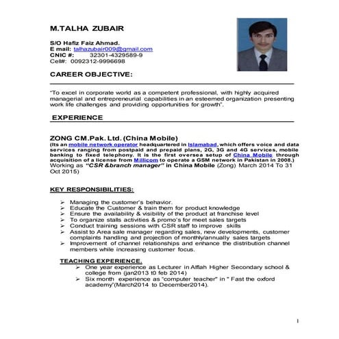 Cv of M Talha Zubair. | DOCX