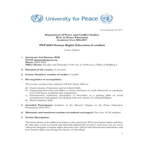 PEP 6043 Human Rights Education syllabus Gal Harmat | PDF | Educational ...