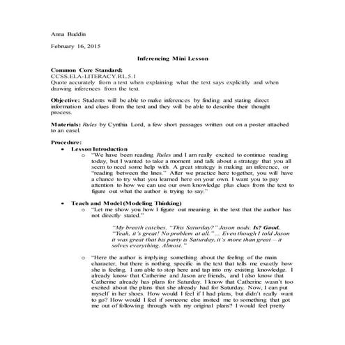 Inference Mini Lesson | DOCX | Educational Assessment | Education