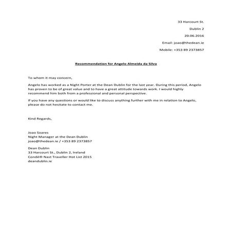 Reference Letter - Dean Hotel | PDF