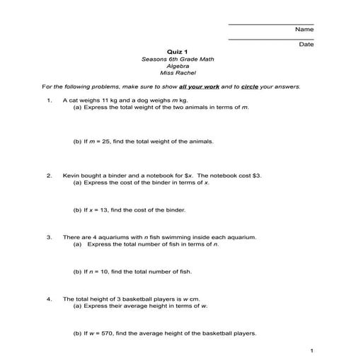 Math Quiz 1 - Algebra - 6th grade | PDF | Zoos & Aquariums | Attractions