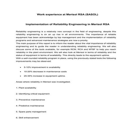 D. Summary of work experience at Merisol (SASOL) | PDF