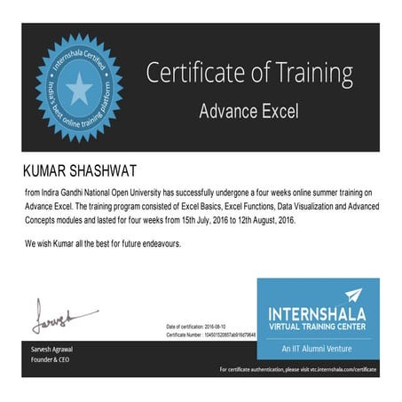 Advance Excel Certificate | PDF
