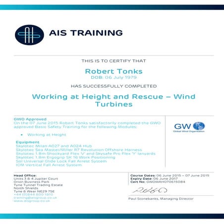 Robert Tonks - GWO WAH Certificate | PDF