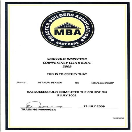 V.Bekker - MBA - Scaffolding Inspector Certificate | PDF