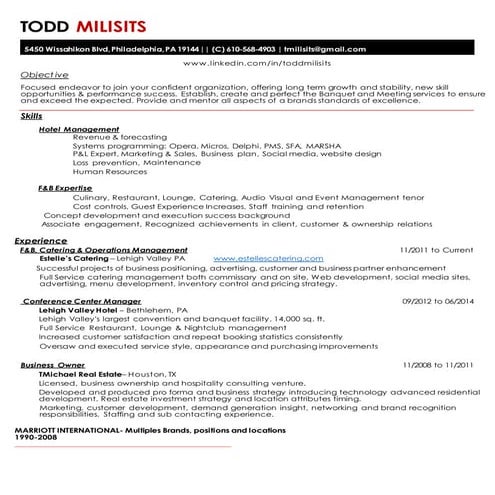 Todd Milisits Resume 8 | DOCX | Hospitality Industry | Industries