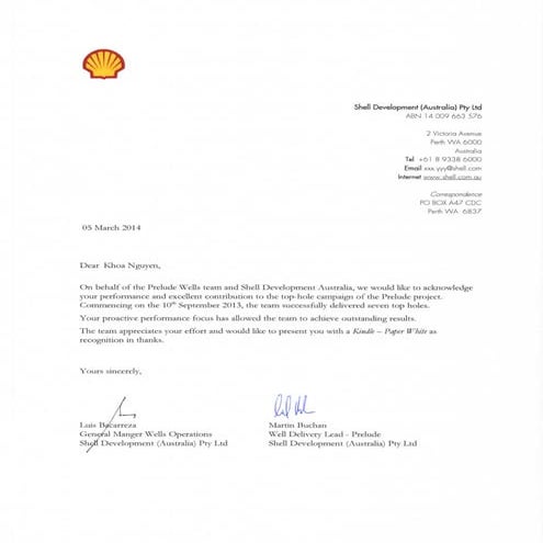 4a. Shell Prelude top-hole, letter of appreciation - Khoa Nguyen | PDF