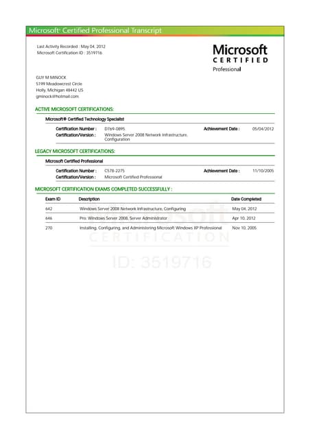 Microsoft Learning Transcript | PDF | Computing | Technology & Computing