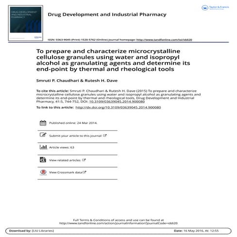 To prepare and characterize MCC granules using water and IPA as ...