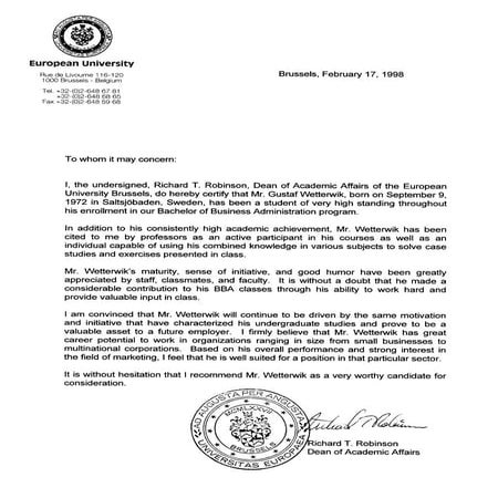 European University Recommendation Letter | PDF