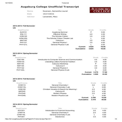 Augsburg Unofficial Transcripts | PDF