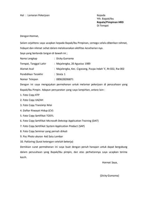Contoh Surat lamaran kerja | DOCX