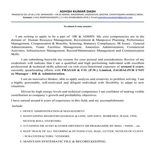 ASHISH KUMAR DASH 012 | DOC | Resume Writing and Advice | Job Search