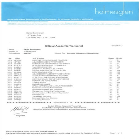 Daniel Summerson academic transcript | PDF