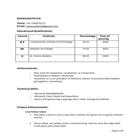 Manju CV | DOCX | Robotics | Technology & Computing