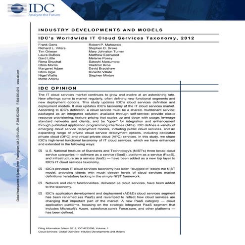 IDC Worldwide IT Cloud Services Taxonomy, 2012 | PDF