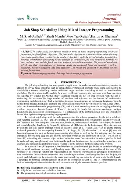 Job Shop Scheduling Using Mixed Integer Programming Pdf 7023