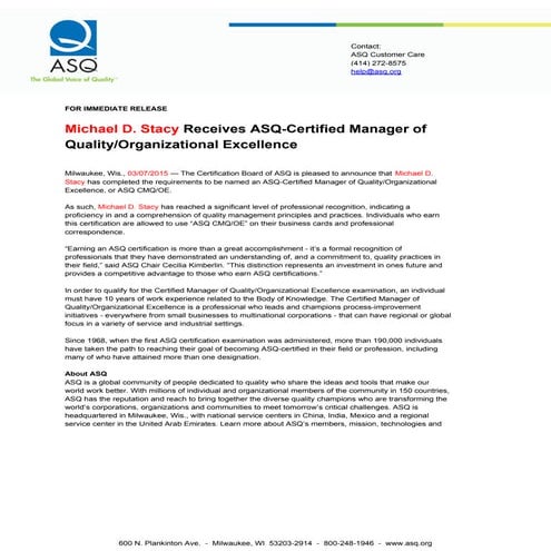 ASQ CMQ OE Press Release | PDF | Business | Business and Finance