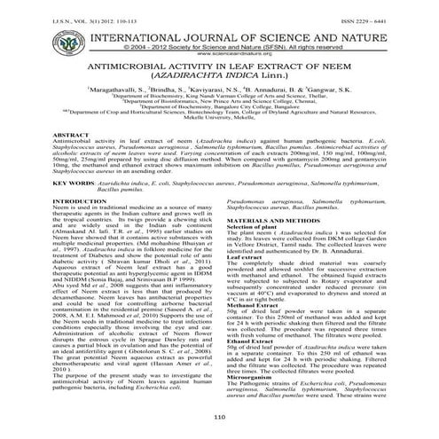 44.Antimicrobial activity in leaf extract of Neem(Azadirachta indica Linn.) | PDF