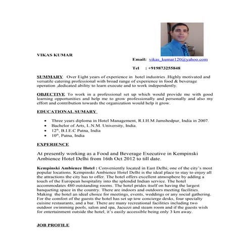vikas cv new | DOC | Hotels and Motels | Travel Type