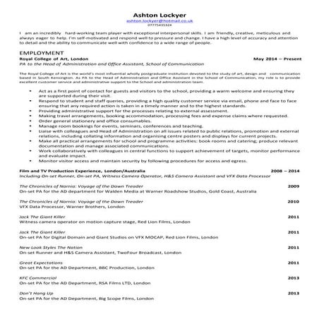 Miss Ashton Lockyer - CV | PDF | Video Production | Content Production